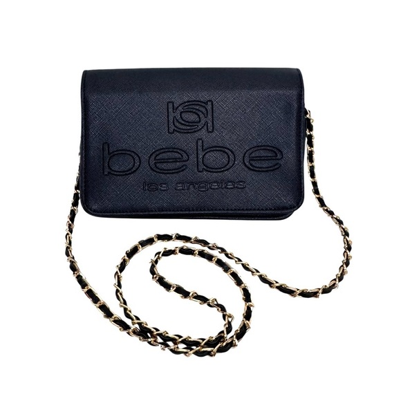 bebe | Bags | Bebe Los Angeles Black Faux Leather Gold Chain Wrapped ...